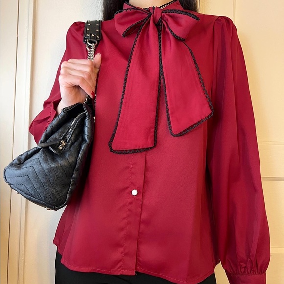 Tops | Beautiful Elegant Red Blouse With Bow | Poshmark